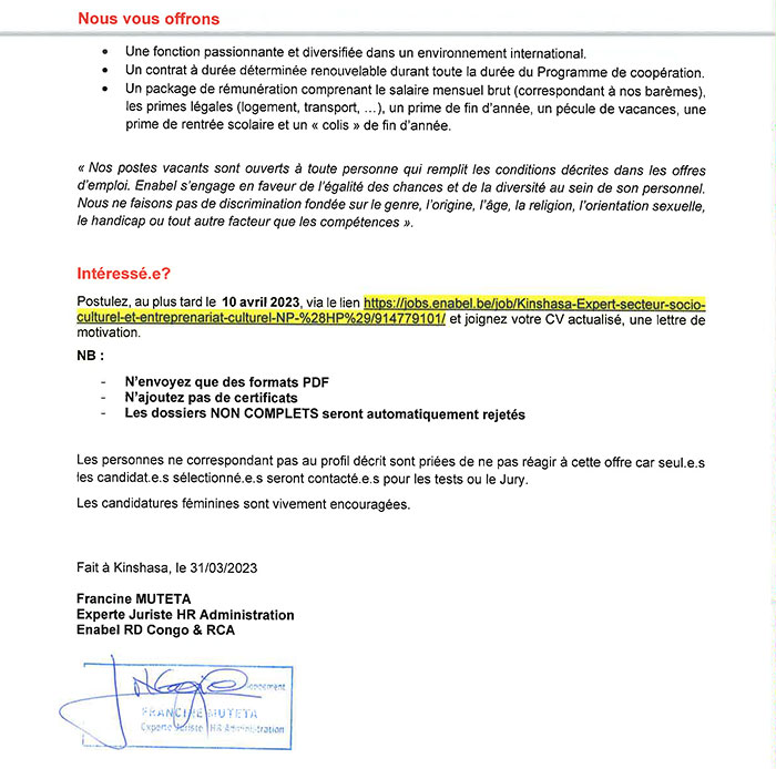 mediacongo.net - Offre d'emploi - Expert socio-culturel et entreprenariat culturel