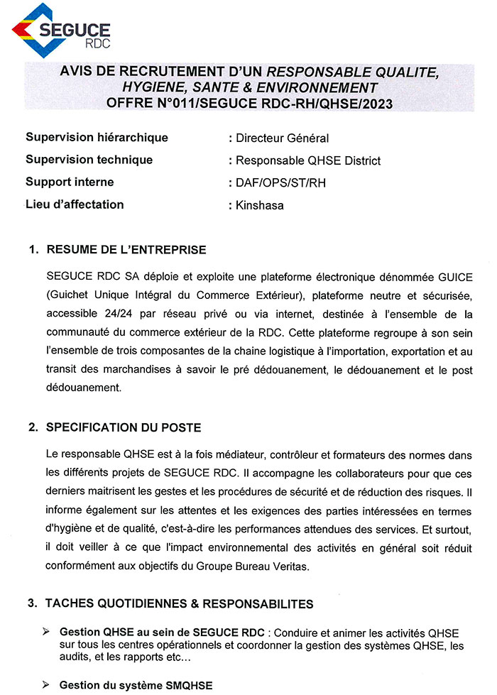 mediacongo.net - Offre d'emploi - Responsable Qualité, Hygiène, Santé & Environnement