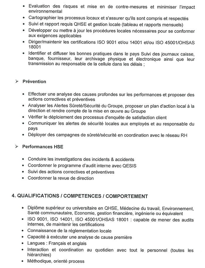 mediacongo.net - Offre d'emploi - Responsable Qualité, Hygiène, Santé & Environnement