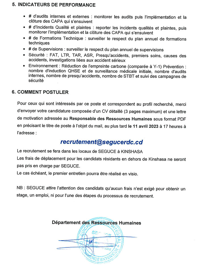mediacongo.net - Offre d'emploi - Responsable Qualité, Hygiène, Santé & Environnement