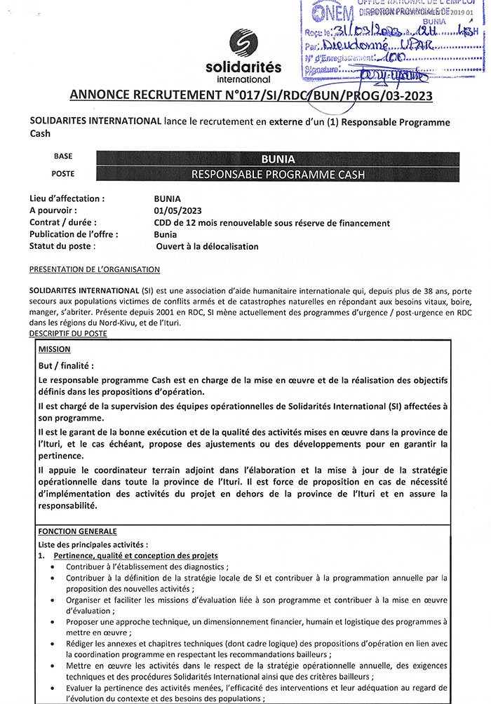 mediacongo.net - Offre d'emploi - Responsable programme Cash