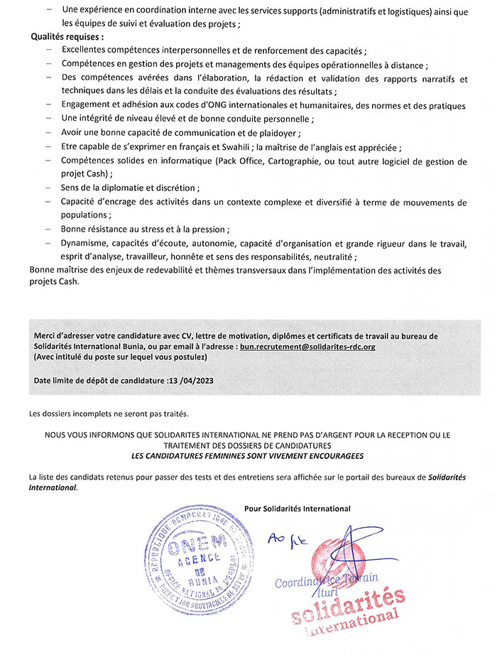 mediacongo.net - Offre d'emploi - Responsable programme Cash