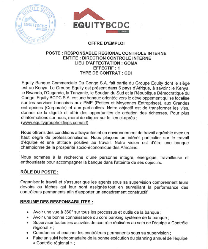 mediacongo.net - Offre d'emploi - Responsable régional contrôle interne