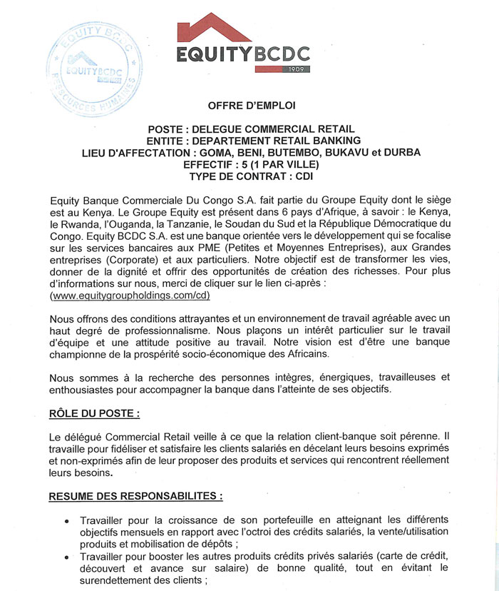 mediacongo.net - Offre d'emploi - Délégué commercial Retail