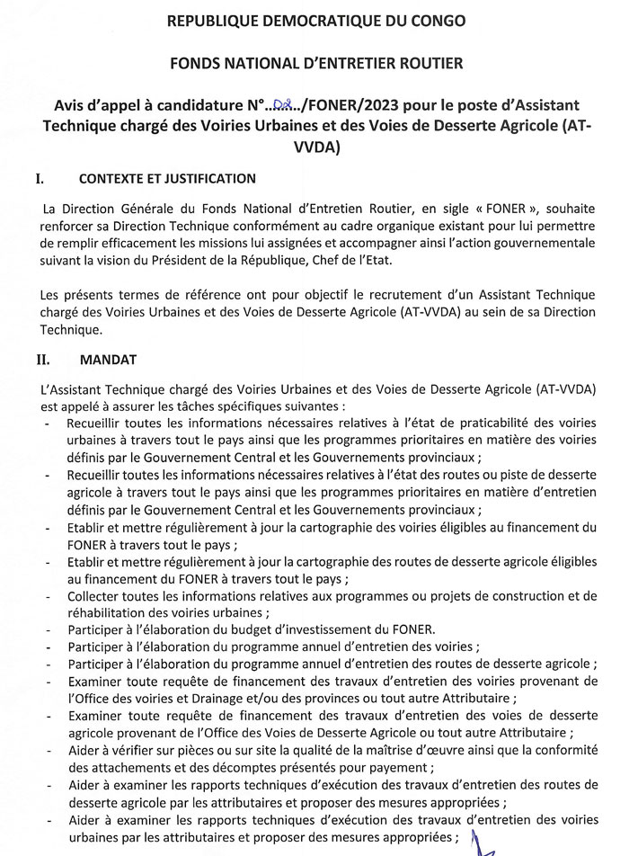 mediacongo.net - Offre d'emploi - Assistant chargé des Voiries Urbaines ...