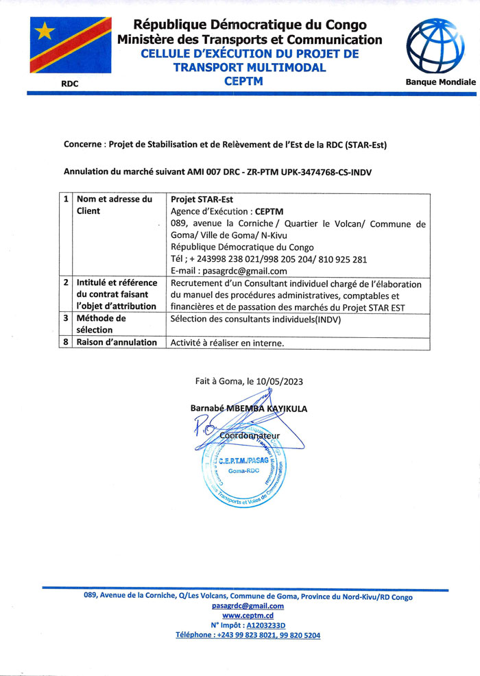 mediacongo.net - Offre d'emploi - Annulation du marché : Consultant individuel chargé de l ...