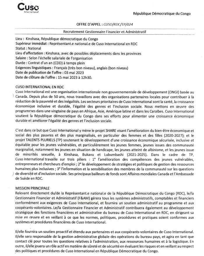 mediacongo.net - Offre d'emploi - Gestionnaire Financier et Administratif