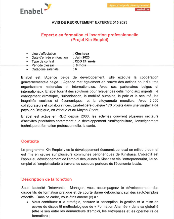 mediacongo.net - Offre d'emploi - Expert(e) en formation et insertion professionnelle