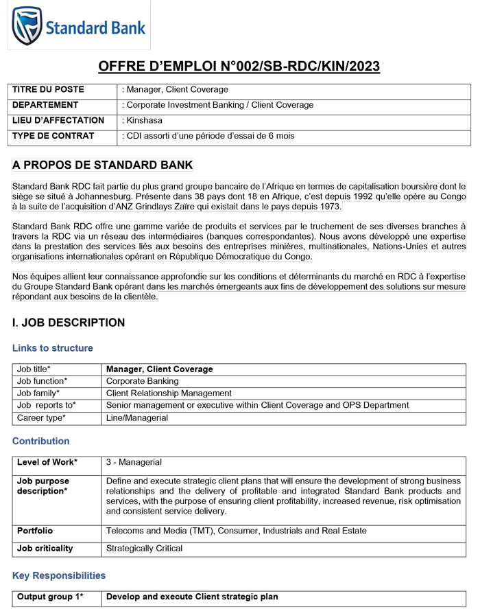 mediacongo.net - Offre d'emploi - Manager, Client Coverage