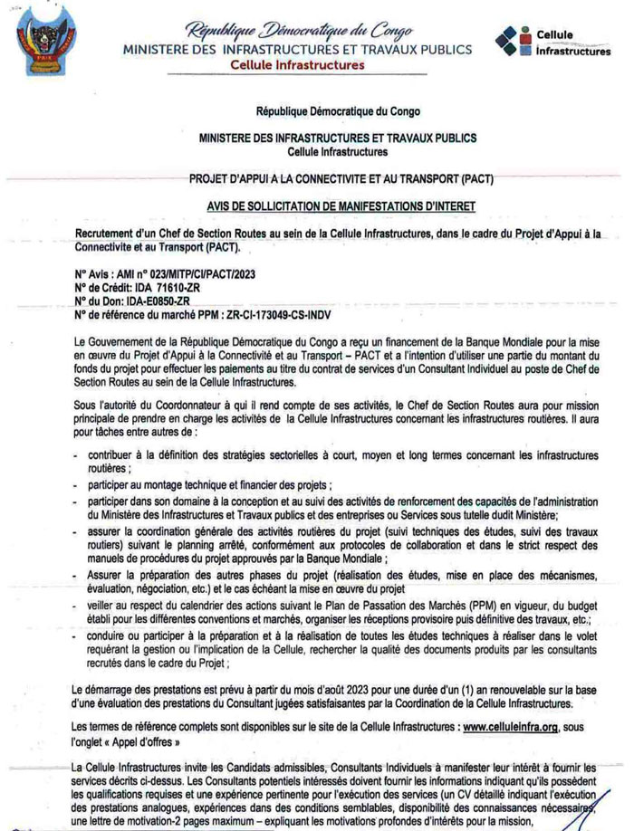 mediacongo.net - Offre d'emploi - Chef de Section Routes