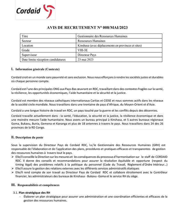 mediacongo.net - Offre d'emploi - Gestionnaire des Ressources Humaines