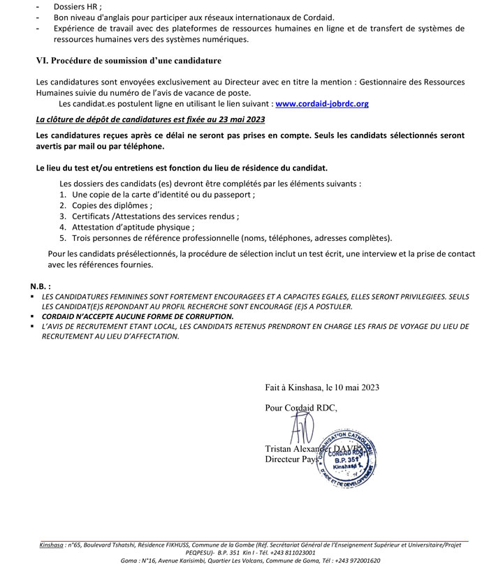mediacongo.net - Offre d'emploi - Gestionnaire des Ressources Humaines