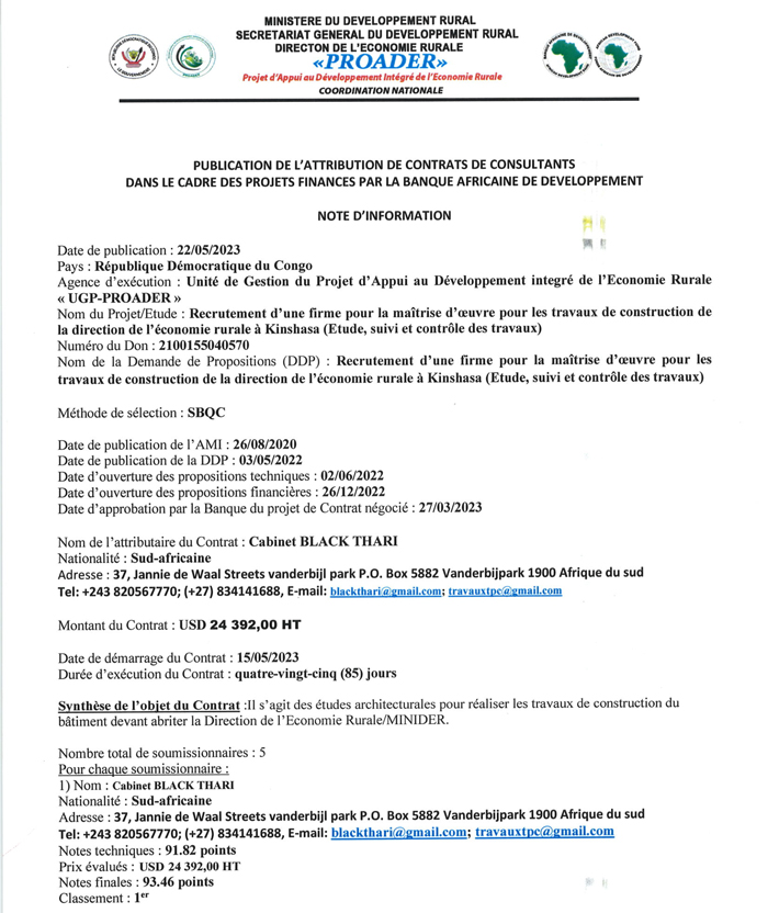 mediacongo.net - Offre d'emploi - ATTRIBUTION DE CONTRATS : Firme pour la maîtrise d'oeuvre pour ...