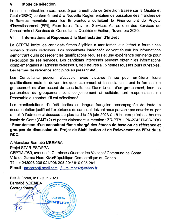 mediacongo.net - Offre d'emploi - Consultant firme chargé des études de base ou de référence et ...