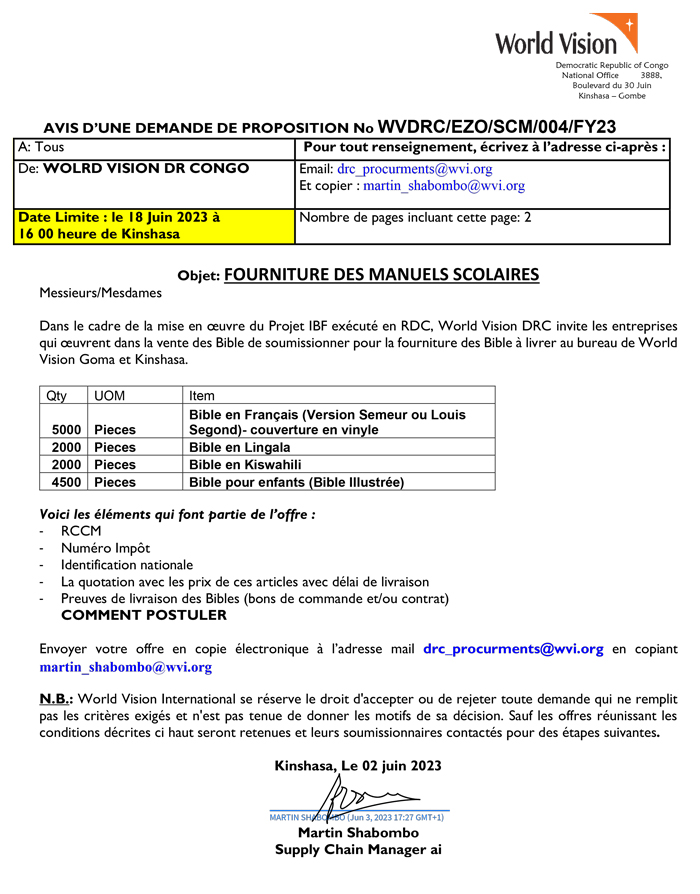 mediacongo.net - Offre d'emploi - Fourniture des Manuels Scolaires