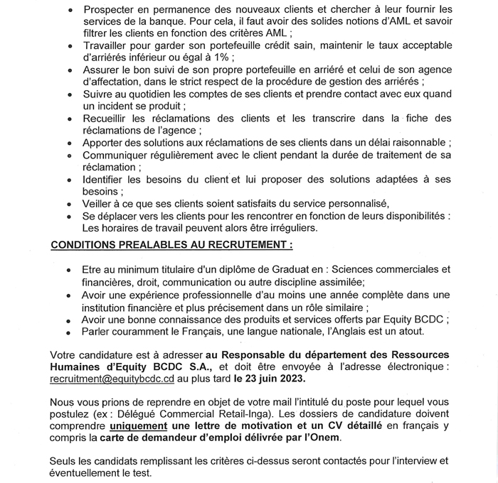 mediacongo.net - Offre d'emploi - Délégué Commercial Retail