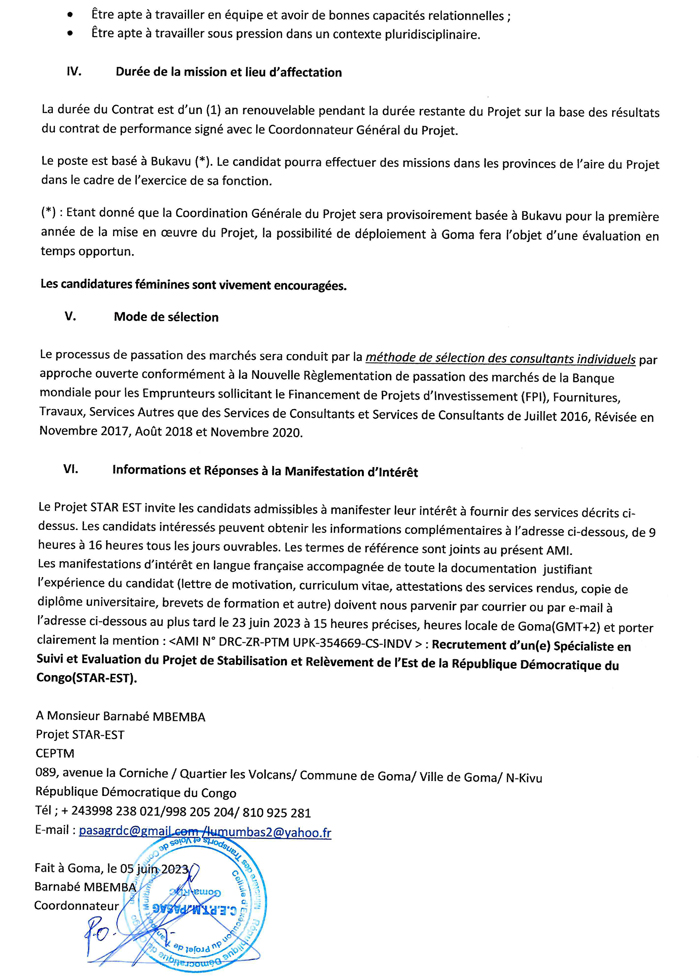 mediacongo.net - Offre d'emploi - Spécialiste en Suivi et Evaluation du ...