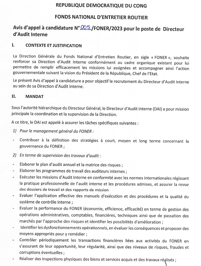 mediacongo.net - Offre d'emploi - Directeur d'Audit Interne