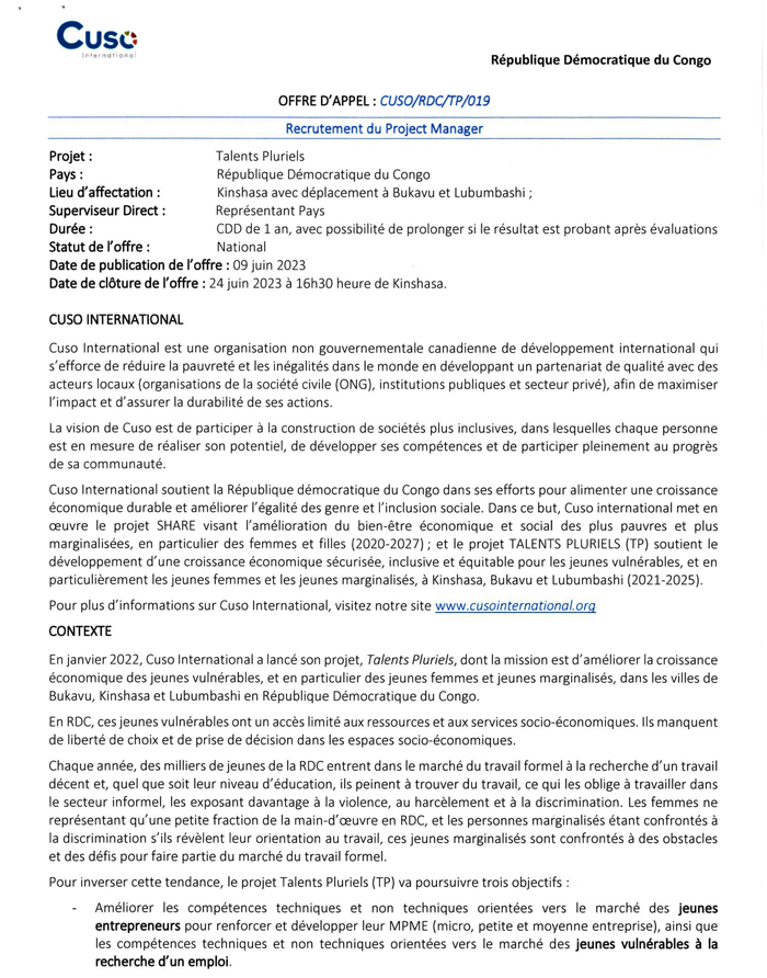 mediacongo.net - Offre d'emploi - Project Manager