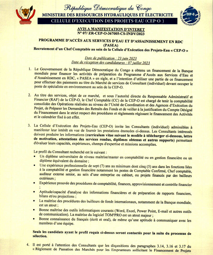 mediacongo.net - Offre d'emploi - Chef Comptable