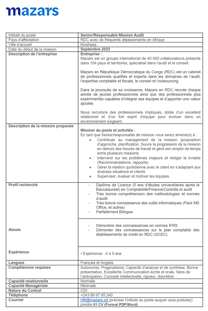 mediacongo.net - Offre d'emploi - Senior / Responsable Mission Audit