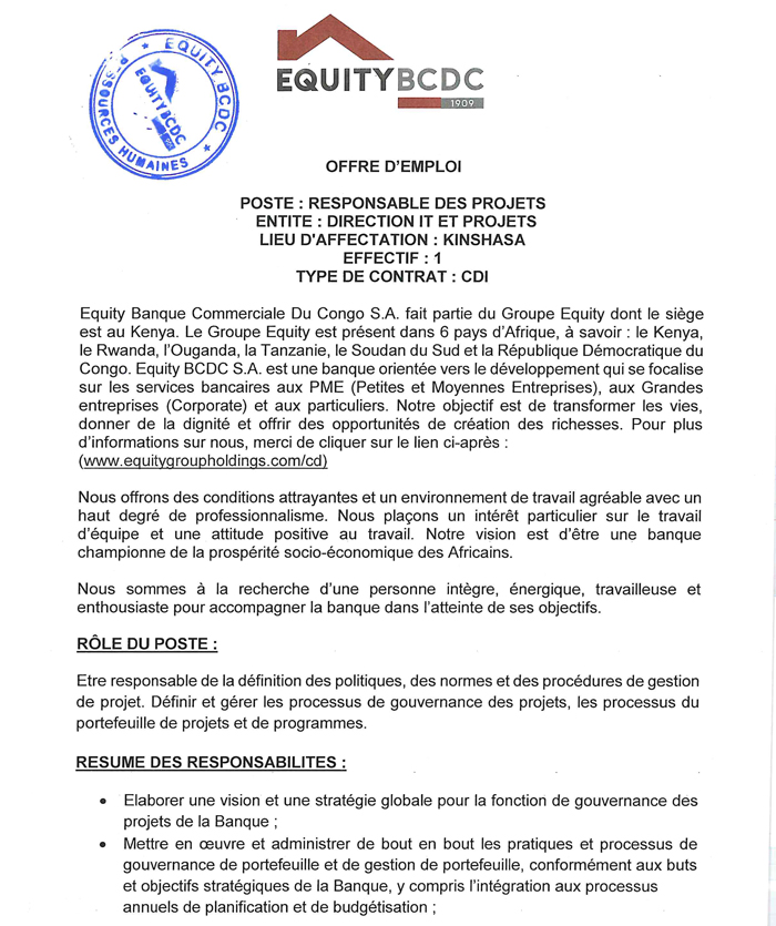 mediacongo.net - Offre d'emploi - Responsable des projets