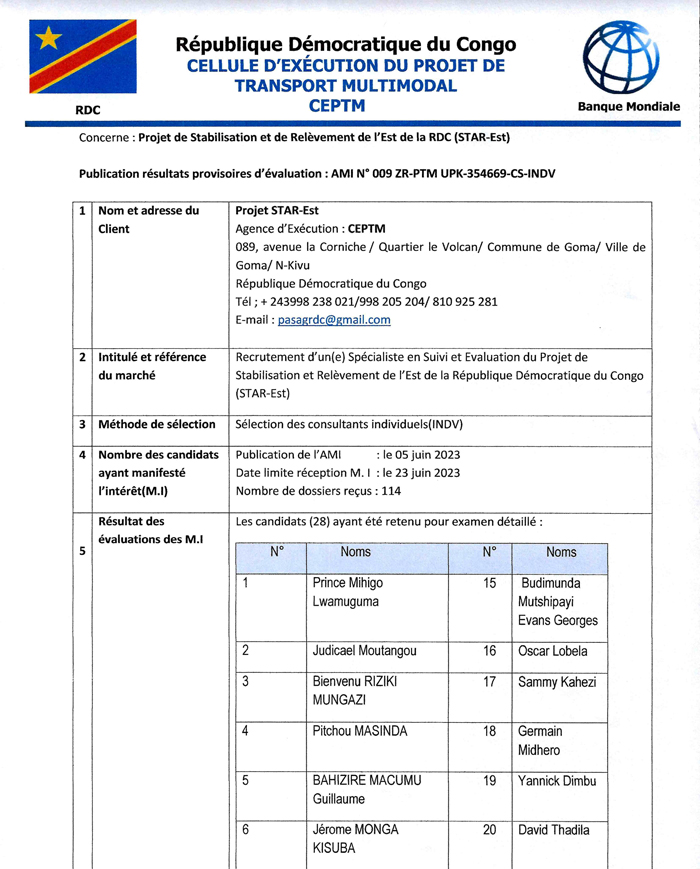 mediacongo.net - Offre d'emploi - Résultats provisoires d'évaluation : Spécialiste en Suivi et ...