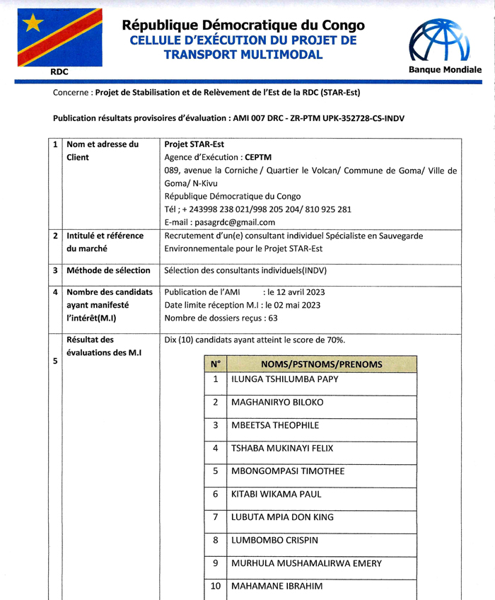 mediacongo.net - Offre d'emploi - Résultats provisoires d'évaluation : Consultant(e) individuel ...