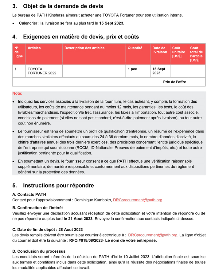 mediacongo.net - Offre d'emploi - Demande de devis pour achat d'une Toyota Fortuner