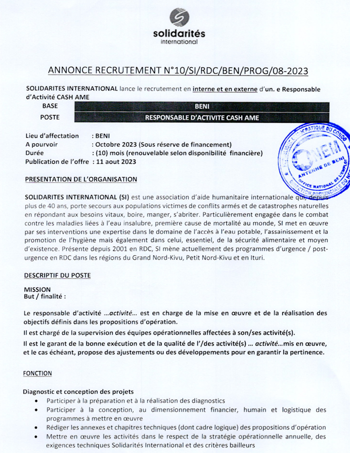 mediacongo.net - Offre d'emploi - Responsable d'activité CASH AME