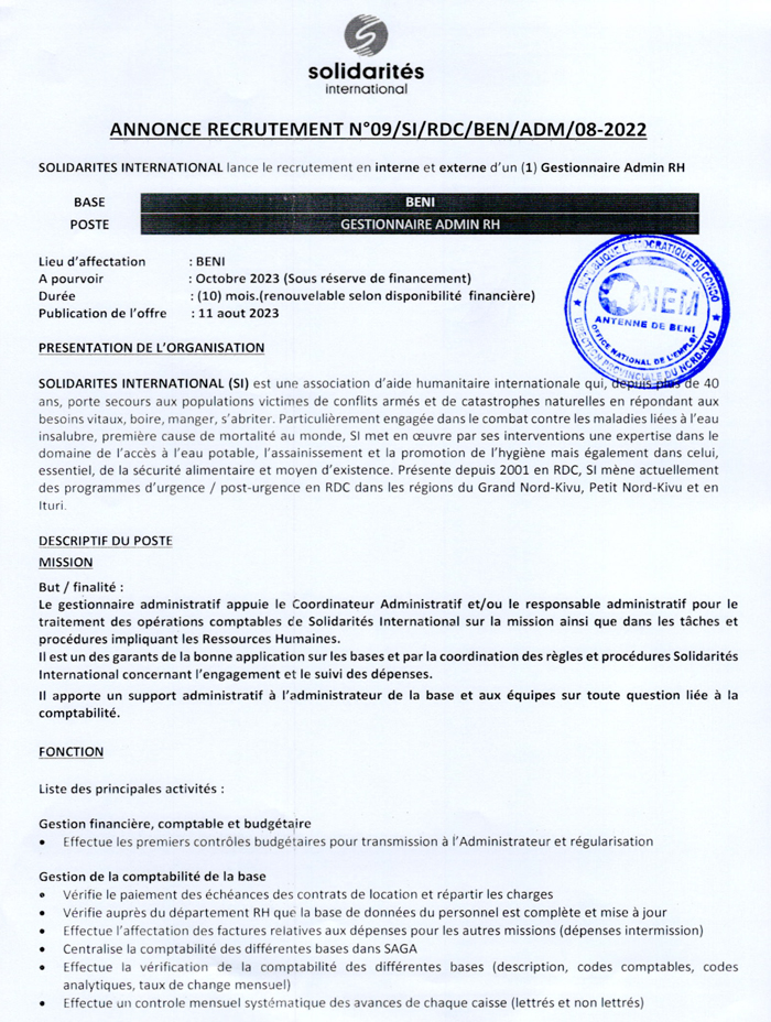 mediacongo.net - Offre d'emploi - Gestionnaire Admin RH