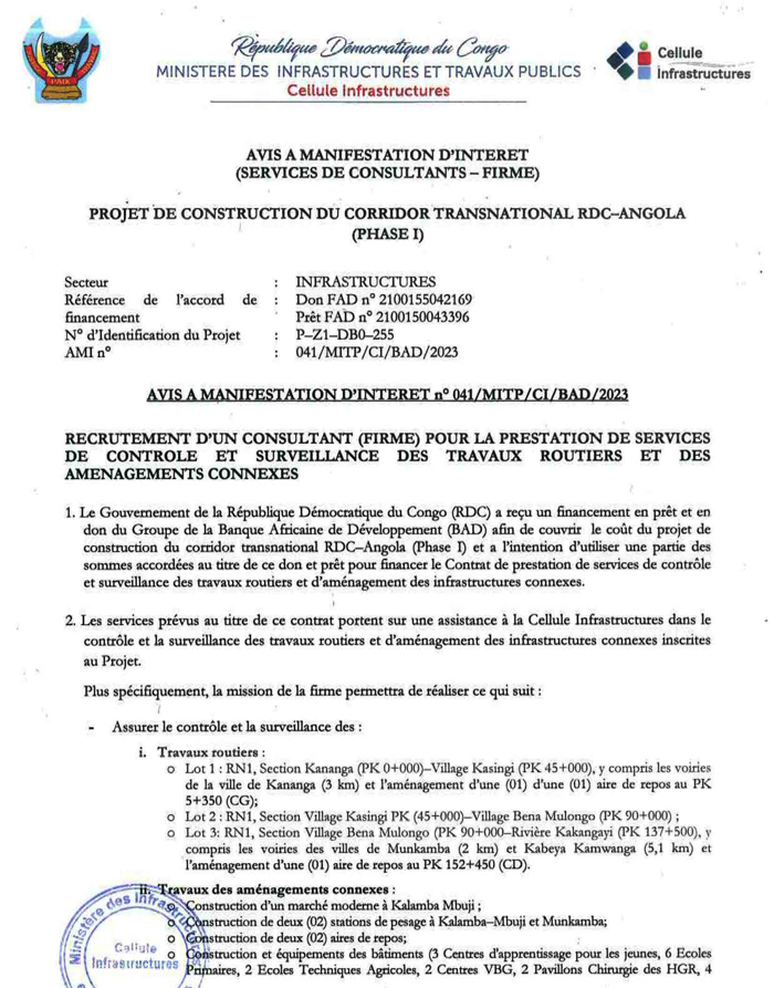 mediacongo.net - Offre d'emploi - Consultant (firme) pour la prestation de services de contrôle ...