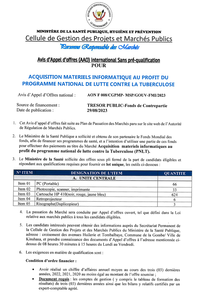 mediacongo.net - Offre d'emploi - Acquisition matériels informatique au profit du Programme ...