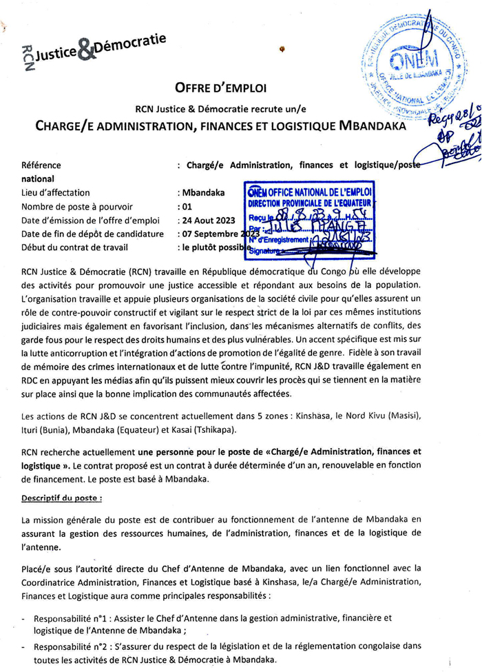 mediacongo.net - Offre d'emploi - Chargé(e) Administration, Finances et Logistique