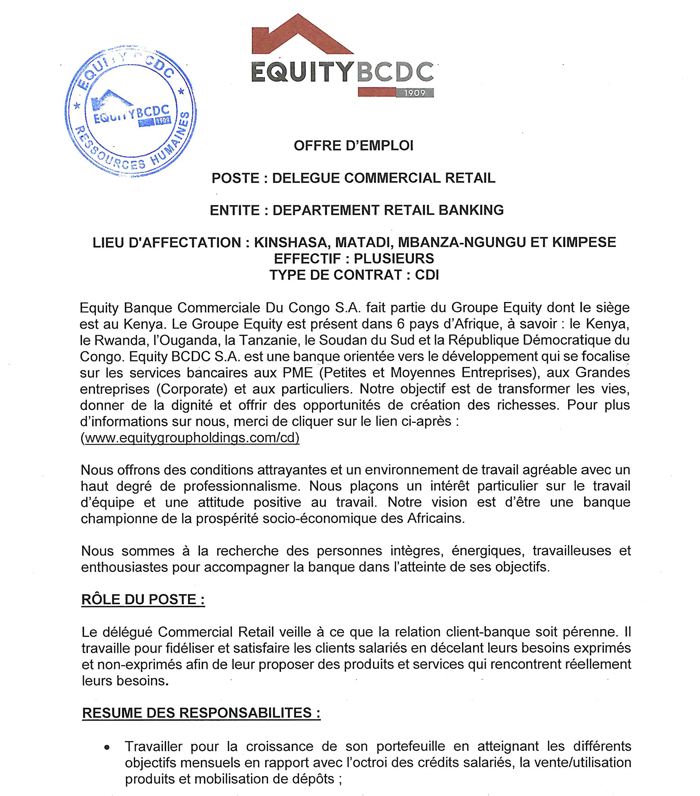 mediacongo.net - Offre d'emploi - Délégué Commercial Retail