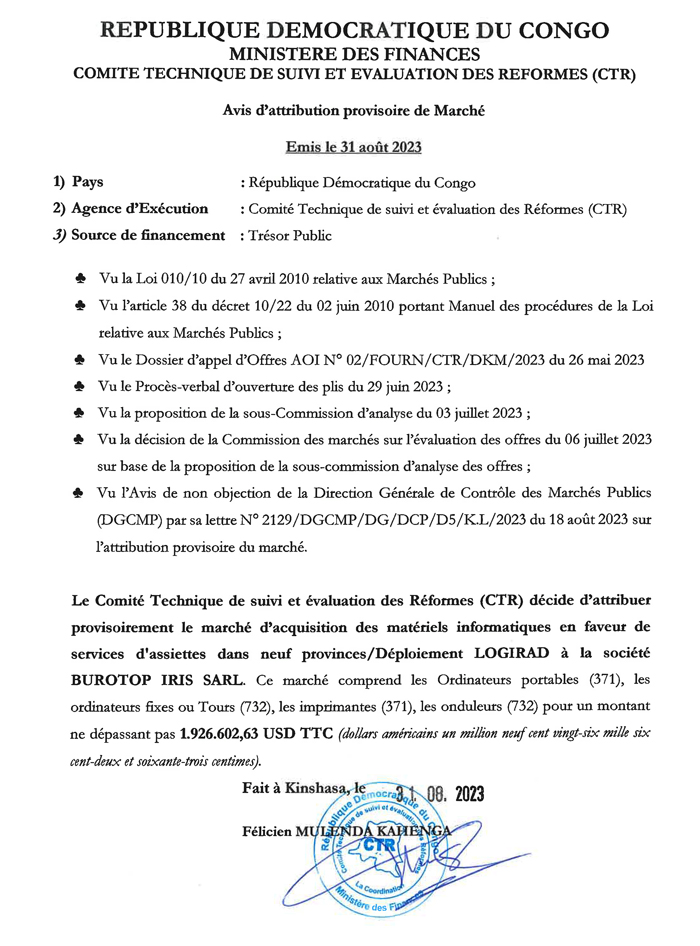mediacongo.net - Offre d'emploi - ATTRIBUTION PROVISOIRE : Marché d'acquisition des matériels ...