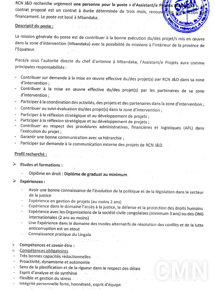 mediacongo.net - Offre d'emploi - Assistant(e) Projets