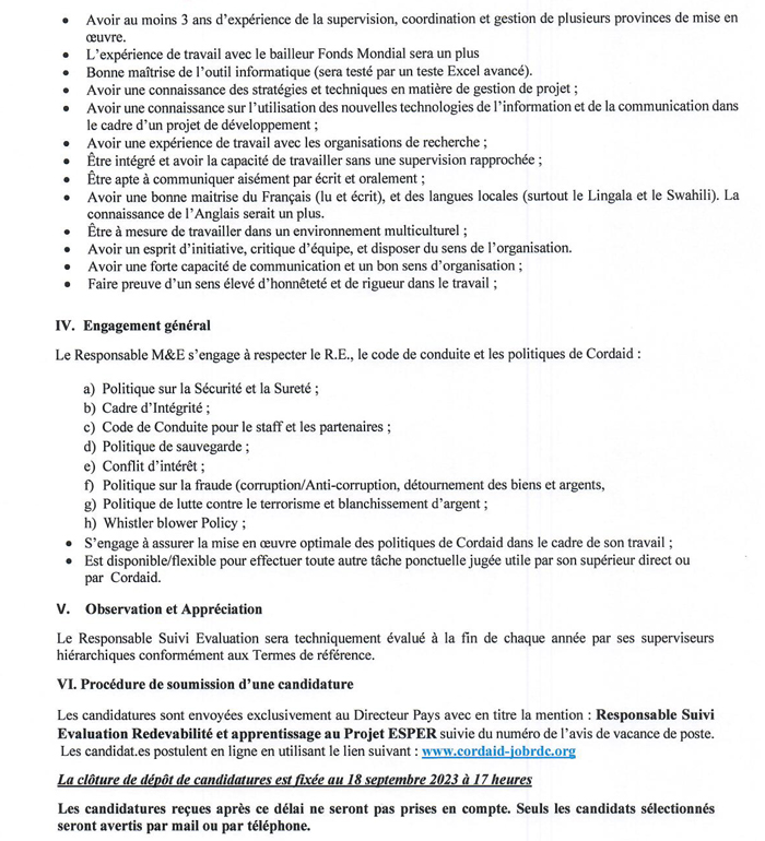 mediacongo.net - Offre d'emploi - Responsable Suivi Evaluation Redevabilité et apprentissage au ...