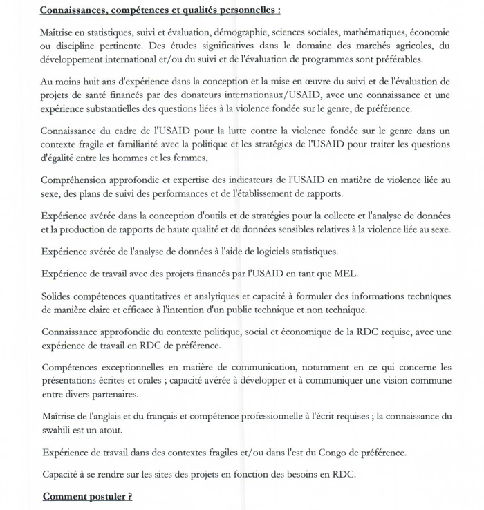 mediacongo.net - Offre d'emploi - Responsable du suivi, de l'évaluation et de l'apprentissage (MEL)