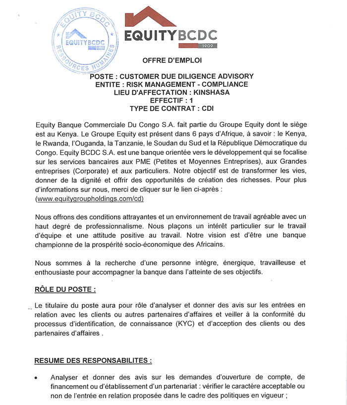 mediacongo.net - Offre d'emploi - Customer due diligence advisory