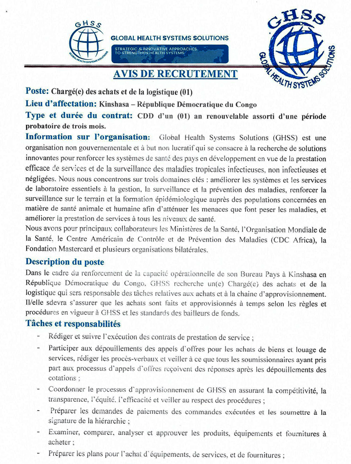 mediacongo.net - Offre d'emploi - Chargé(e) des achats et de la logistique