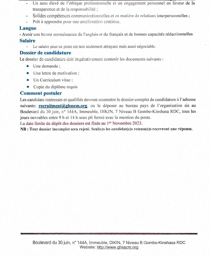 mediacongo.net - Offre d'emploi - Chargé(e) des achats et de la logistique