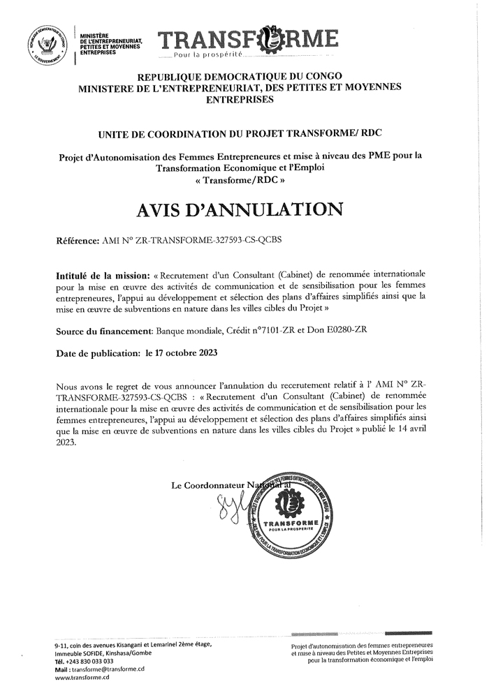 mediacongo.net - Offre d'emploi - AVIS D’ANNULATION: Consultant (Cabinet) de renommée ...