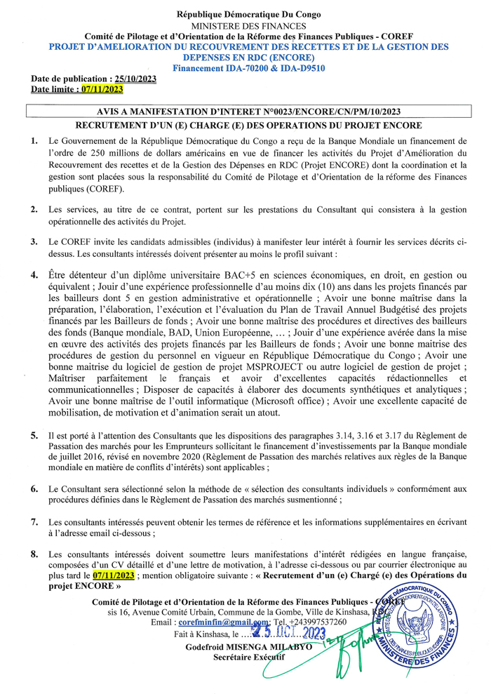 mediacongo.net - Offre d'emploi - Chargé(e) des Opérations