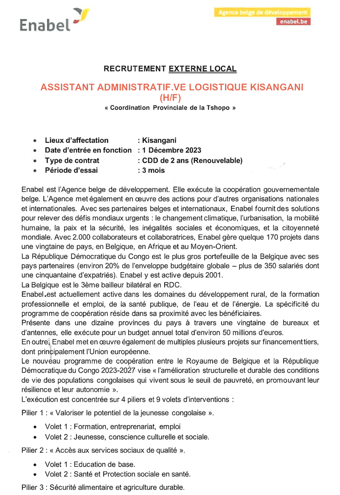 mediacongo.net - Offre d'emploi - Assistant administratif(ve) logistique