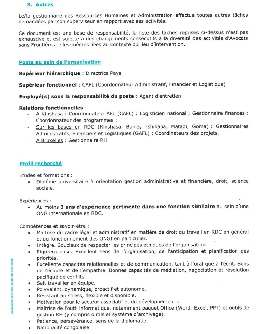 mediacongo.net - Offre d'emploi - Gestionnaire des Ressources Humaines et Administration