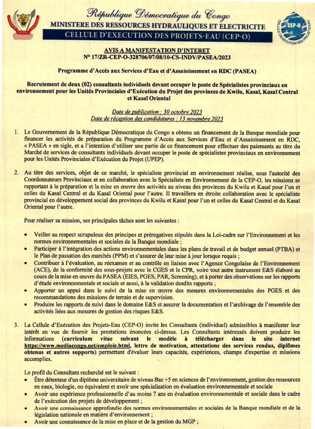 mediacongo.net - Offre d'emploi - Consultants individuels devant occuper le poste de ...