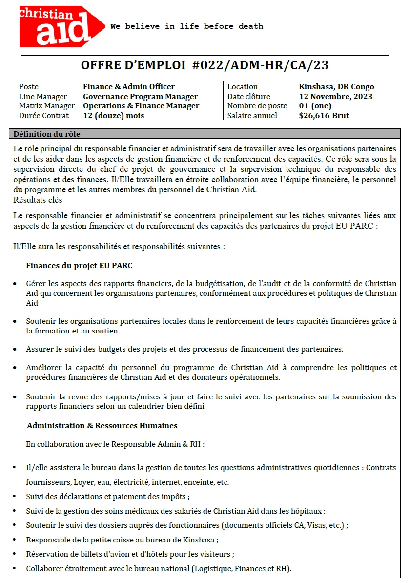 mediacongo.net - Offre d'emploi - Finance & Admin Officer