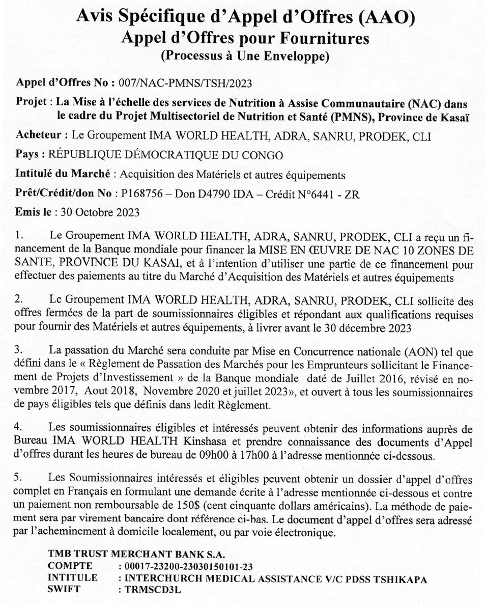 mediacongo.net - Offre d'emploi - Acquisition des Matériels et autres équipements