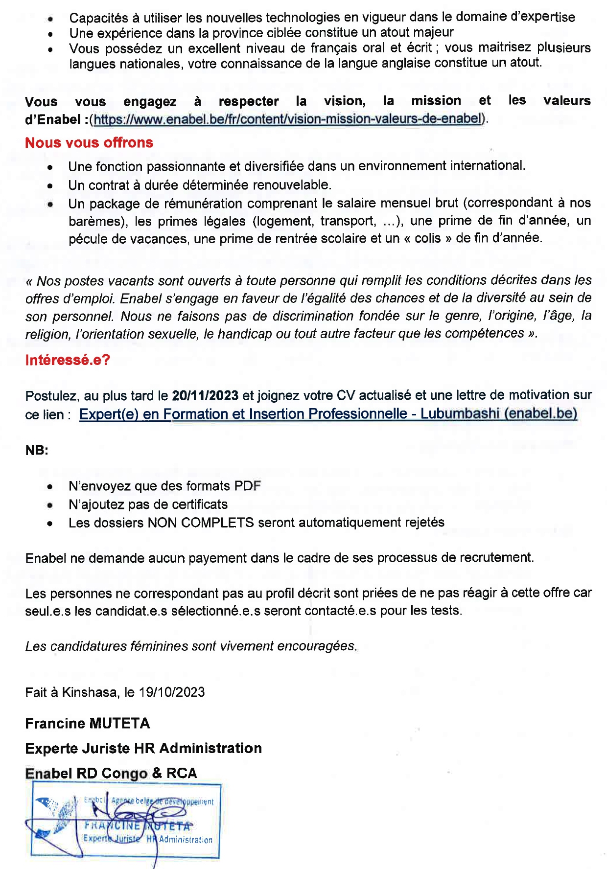 mediacongo.net - Offre d'emploi - Expert(e) en formation et insertion professionnelle